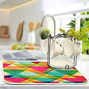 Geometric Colorful Trellis Dish Drying Mat 16"x18" Absorbent Machine Washable Hanging Fast Dry Pad Dish Protective Mat for Kitchen Countertop Heat Resistant Dinner Table Mat