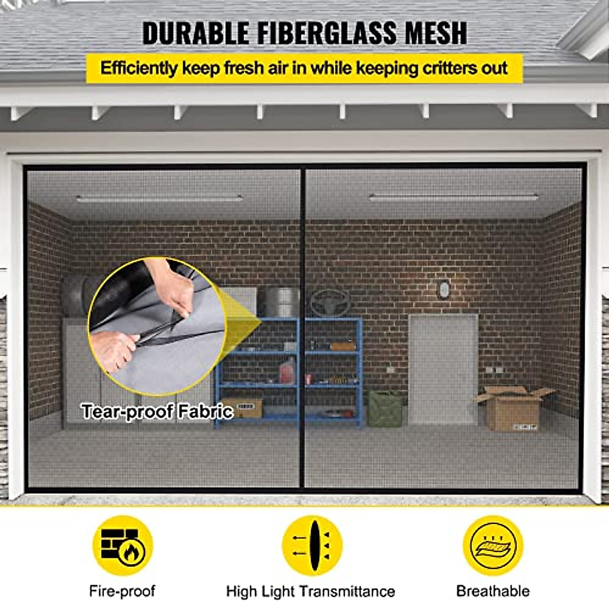 VEVOR Garage Door Screen, 18 x 7 ft for 2 Cars, 5.8 lbs Heavy-Duty Fiberglass Mesh for Quick Entry with Self Sealing Magnet and Weighted Bottom, Kids/Pets Friendly, Easy to Install and Retractable