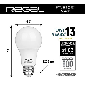 Regal LED A19 Light Bulb 5000K Daylight 800-Lumen, 9-Watt (60-Watt Equivalent), E26 Base, 5000 Kelvin, Day Light, 5-Pack, Non-Dimmable