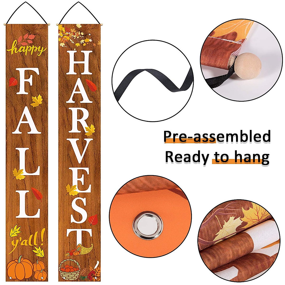 Whaline Fall Harvest Hanging Banner, Fall Porch Sign Autumn Pumpkin Maple Leaf Backdrop Flag for Home Yard Indoor Outdoor Wall Door Thanksgiving Party Decorations, 12 x 72 Inch