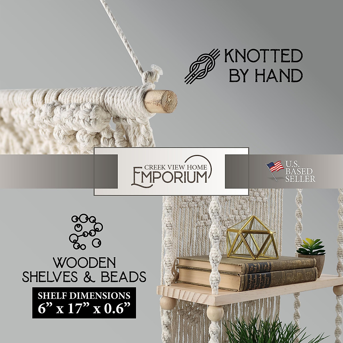 Creekview Home Emporium Hanging Plant Shelf Indoor Boho Decor - 3 Tier Macrame Shelf Wall Hanging Decor - Rope Boho Wall Art Wooden Floating Bookshelf for Kitchen, Bathroom or Bedroom