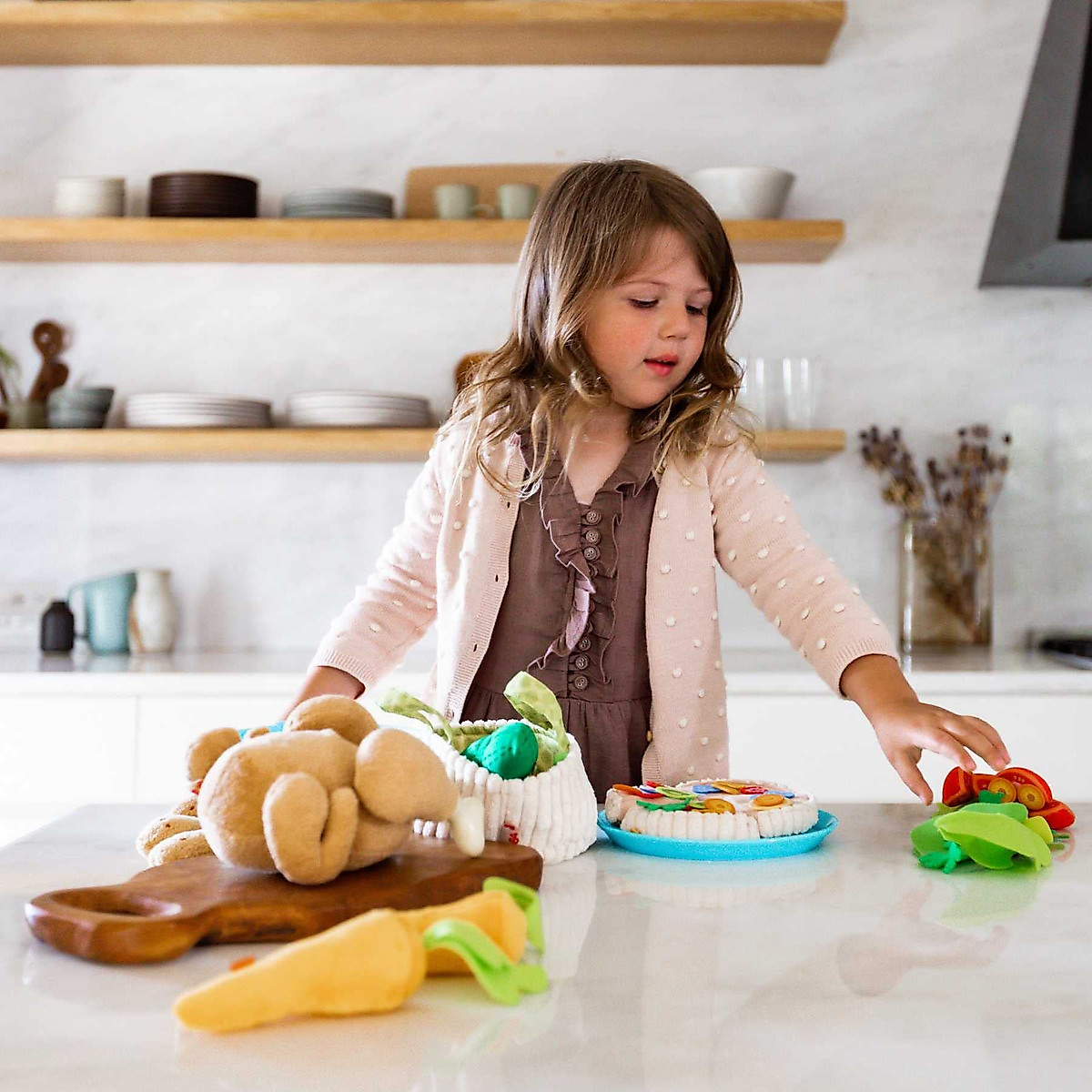 HABA Biofino Vegetable Basket - Soft Plush Pretend Play Food Includes Carrier, Cucumber, Tomato, 2 Carrots and 3 Potatoes for Ages 3+