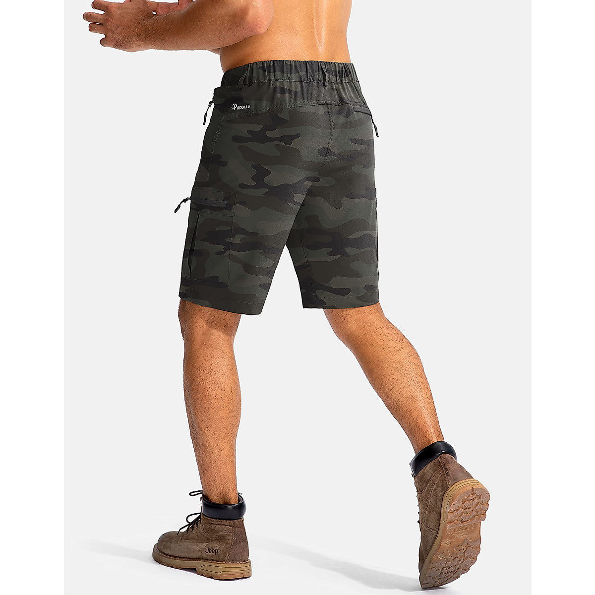 Pudolla Men's Hiking Cargo Shorts 9" Lightweight Outdoor Work Shorts for Men Travel Golf Camping Casual with 5 Zipper Pockets(Green Camo Large)