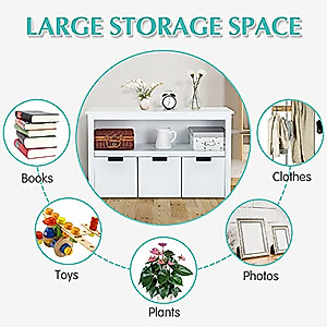 Kinsuite 3 Drawers Storage Cabinet with Hidden Wheels, Wooden Storage Organizer Unit with Large Storage Shelf, Multifunctional Floor Storage Chest for Living Room, Bedroom, Reading Room, Office, White