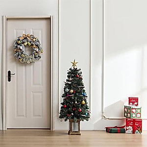 Premium 4ft Pre Lit Artificial Pencil Christmas Tree with Brown Hollow Base, Mini Pre-lit Xmas Pine Tree with 7 Modes LED Lights for Christmas Decoration, Home, Office, Party Decoration (1)