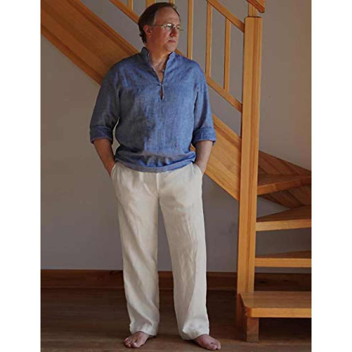 poriff Men Pants Elastic Waistband Drawstring Line Pants Mens Running Pants Khaki, M