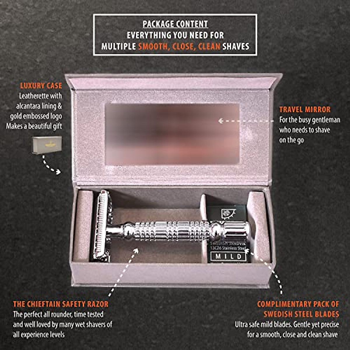 Double Edge Safety Razor by VIKINGS BLADE, Fat & Short Handle, Swedish Steel Blades Pack + Luxury Case. Twist to Open, Heavy Duty, Reduces Razor Burn, Smooth, Close, Clean Shave (Model: The Chieftain)