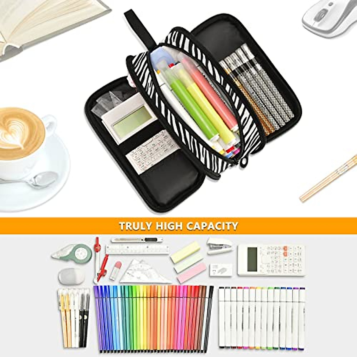 Kigai Large Pencil Case Zebra Print Organizer Pencil Bag for Boys Girls School Office Stationery Box with Zipper