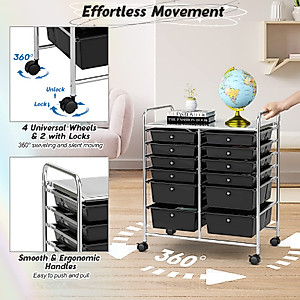 COSTWAY 12-Drawer Rolling Storage Cart, Moveable Art Craft Organizer W/Lockable Wheels, Metal Shelf, Files Arrangement Tools Makeup Storage Cart for Office, Home, School (Black)