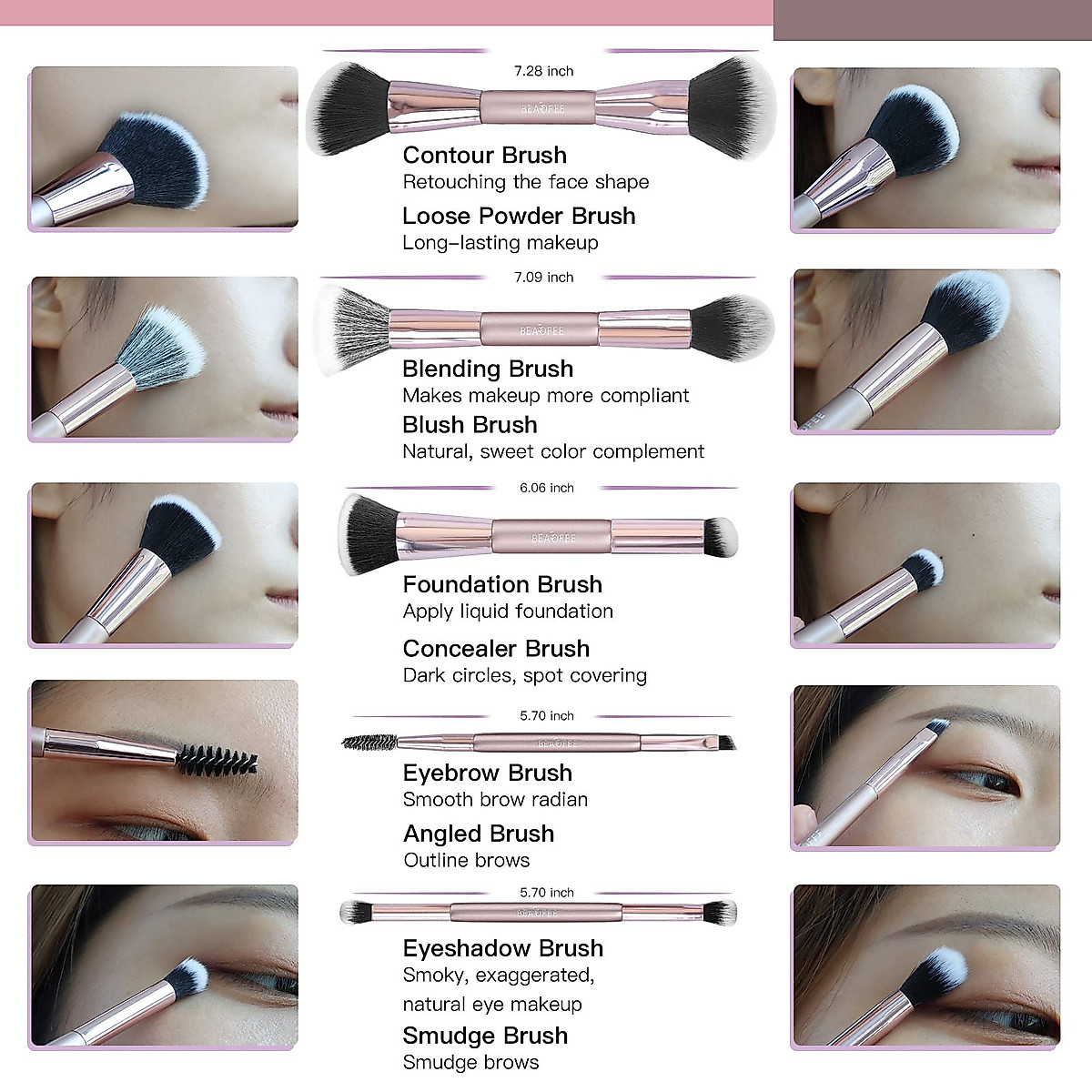 BEASOFEE Makeup Brushes, Duo End Synthetic Foundation Powder Concealers Eye Shadows Makeup Brush Set Foundation Powder 5pcs(Rose Gold)