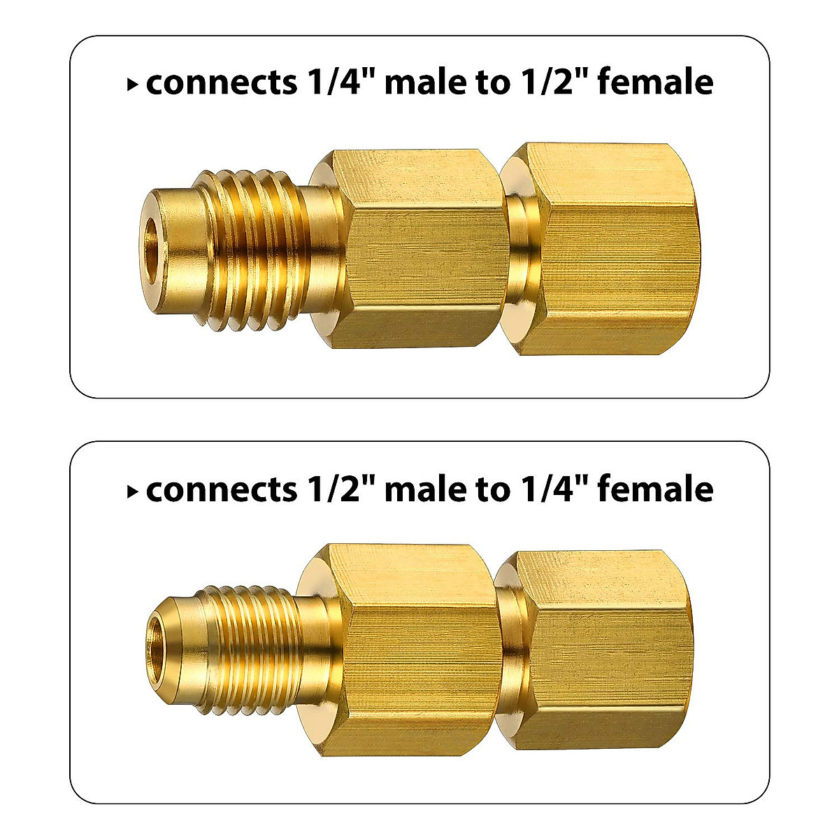 4 Pieces 6015 R134A Brass Refrigerant Tank Adapter to R12 Fitting Adapter 1/2 Female to 1/4 Male Flare Adaptor Valve Core and 6014 Vacuum Pump Adapter 1/4 Inch Flare Female to 1/2 Inch Male
