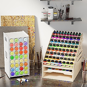 jxgzyy Wooden Paint Organizer Paint Rack with 2 Tier Open Shelves Paint Holder for 76 Paint Bottles 8 Paint Brush Craft Organizer and Storage for Art Tools Ink Bottles Miniature Paint