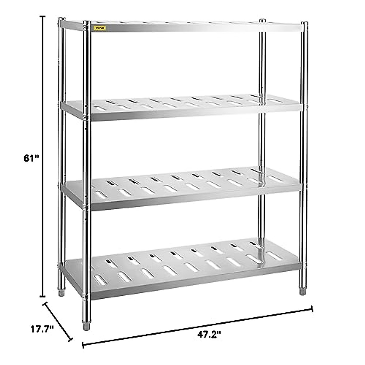 VEVOR Storage Shelf, 4-Tier Storage Shelving Unit, Stainless Steel Garage Shelf, 47.2 x 17.7 x 61 inch Heavy Duty Storage Shelving, 529 Lbs Total Capacity with Adjustable Height and Vent Holes