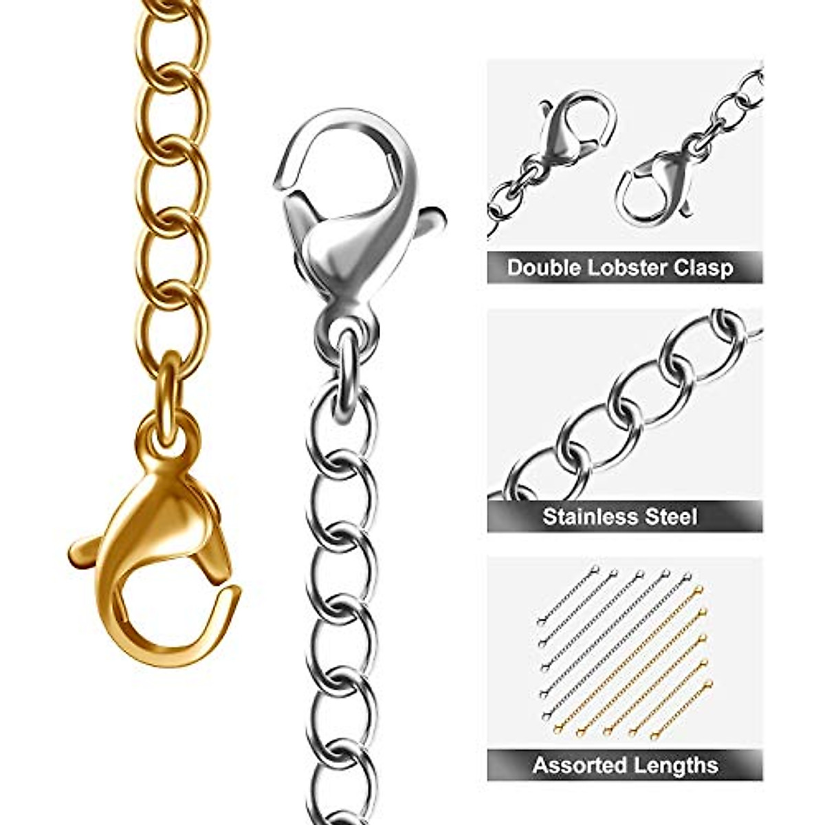 Necklace Extenders, 10Pcs Stainless Steel Gold Silver Necklace Bracelet Anklet Extension Chains with Lobster Clasps and Closures for Jewelry Making