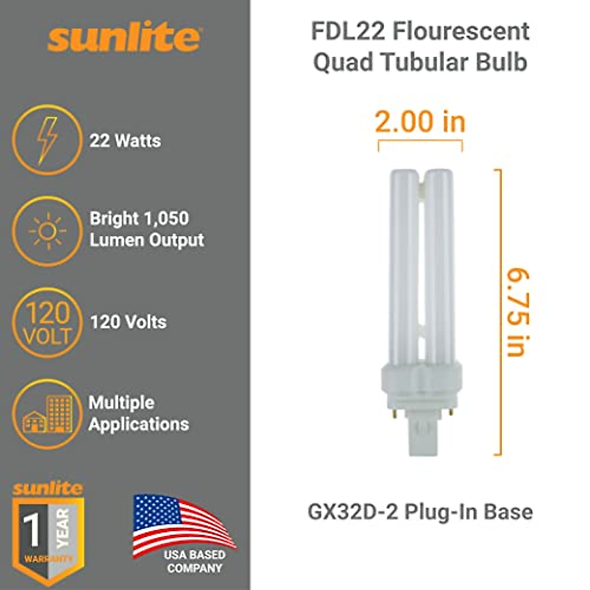 Sunlite FDL22 Fluorescent Quad Tube Plug-in Bulb, 22 Watt, 10,000 Hour Life Span, GX32D-2 Base, 1050 Lumens, for Fluorescent Ceiling Fixtures, 5000K Daylight, 1 Pack