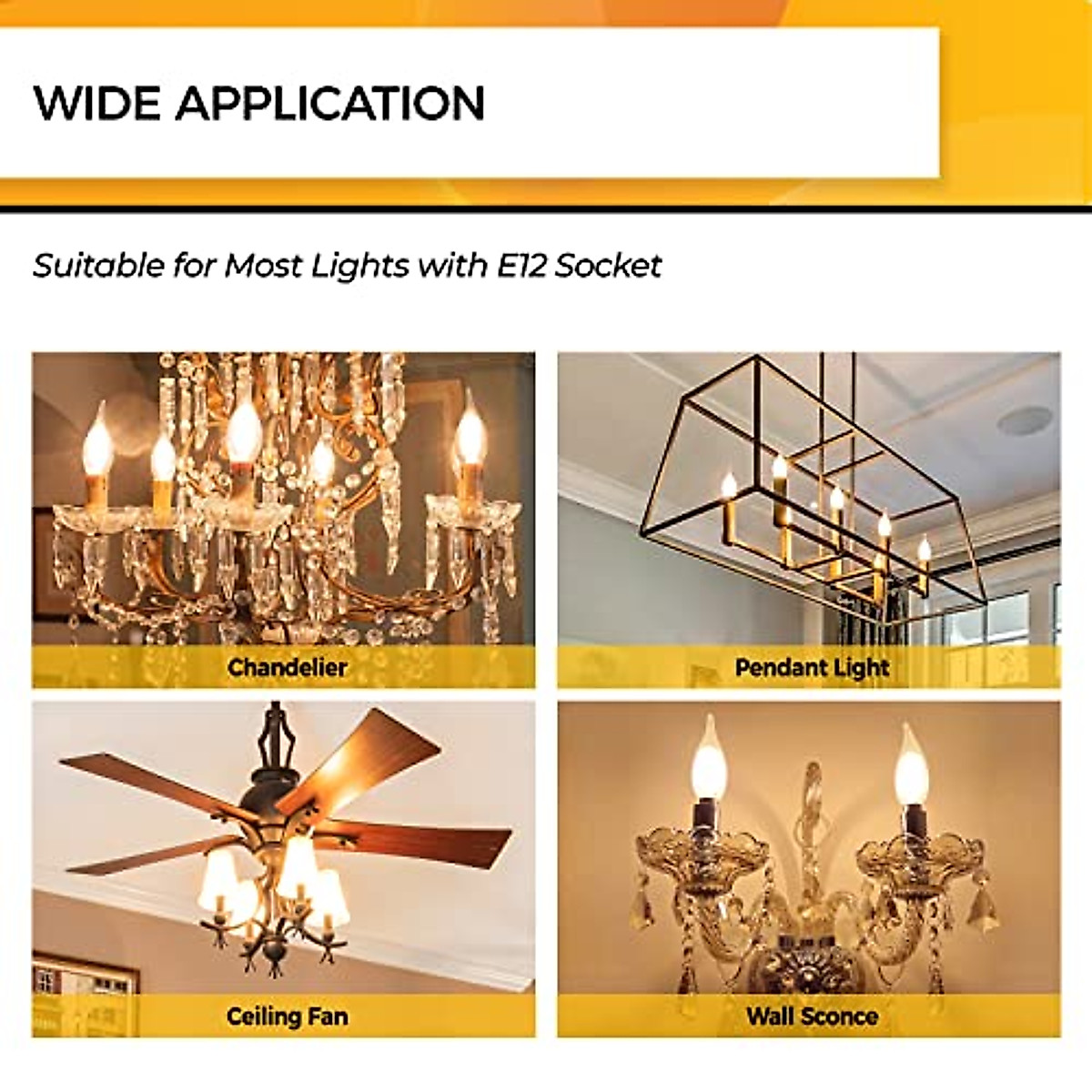 Hizashi LED Candelabra Bulbs 60 watt Equivalent 2700K Soft Warm White, Dimmable Chandelier Light Bulbs, 90+ CRI 6W 550LM, CA11 Flame Tip E12 LED Candle Bulb, UL Listed - 12 Pack