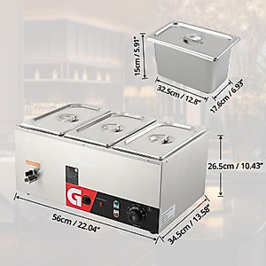 GarveeHome 3 Pan Commercial Food Warmer - 3 * 6.3QT Generous Capacity, 1200W Electric Steam Table, Stainless Steel, Efficient Heating, 86-185°F Temp Control for Catering and Restaurants