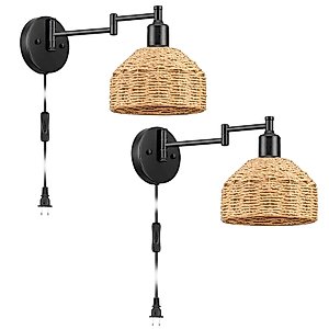 Plug in Wall Sconces, Swing Arm Wall Lamp with Natural Paper String Lampshade Set of 2, Vintage Adjustable Wall Mounted Sconce Wall Lighting Fixture for Bedroom,Bedside,Kitchen,Living Room,Reading