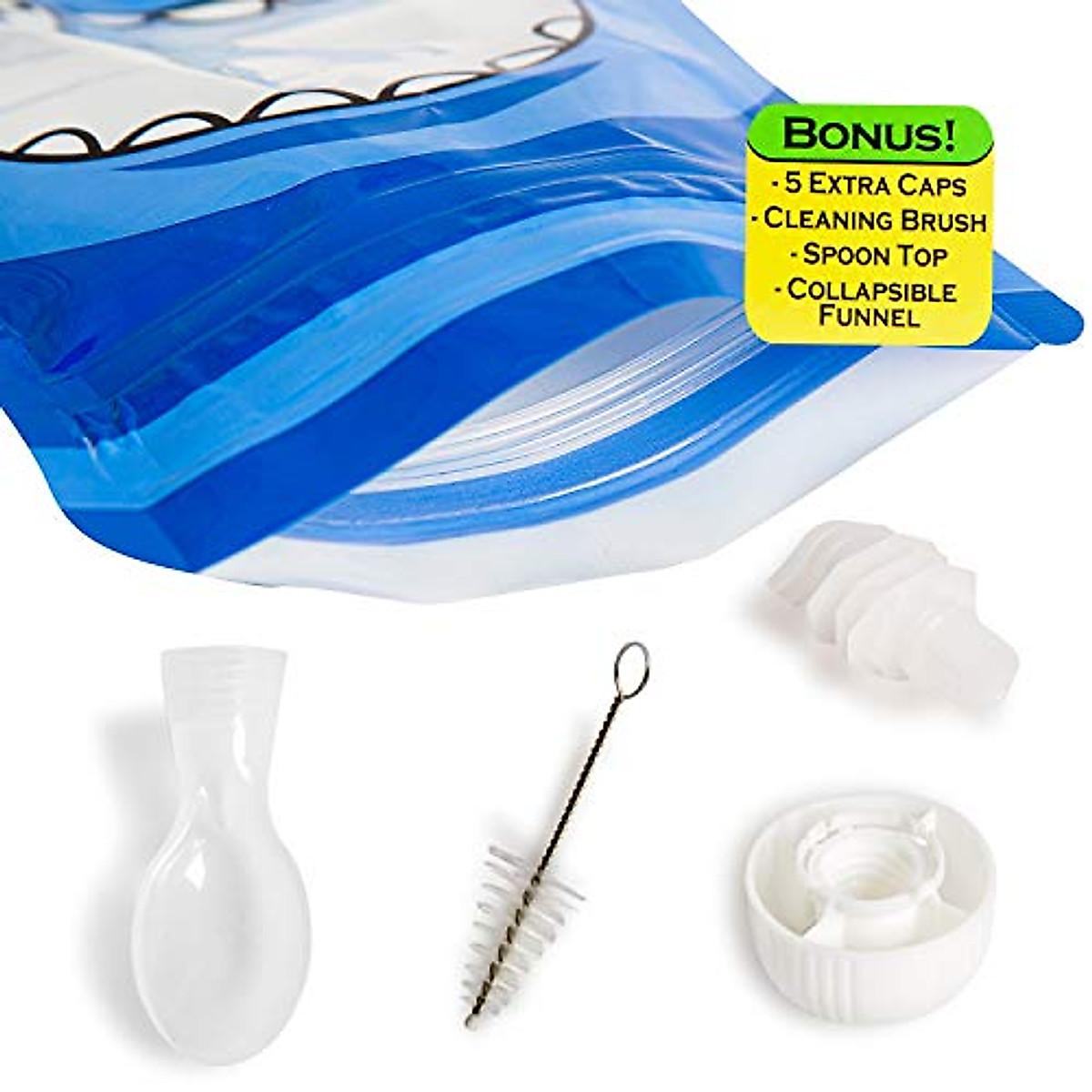 LifeSmart Reusable Food Pouches with Collapsible Funnel 20 Six Ounce Pouches 5 Caps Includes Cleaning Brush, Spoon Tops Clear Windows on The Front Excellent for Travel