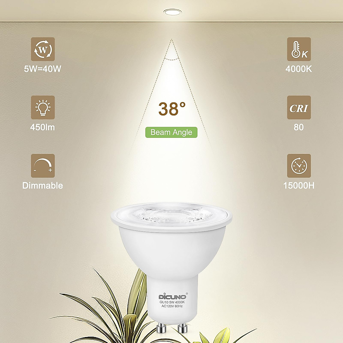 DiCUNO GU10 LED Bulb Dimmable, 40W Equivalent, Natural White 4000K, 450LM, MR16 GU10 LED for Spotlight, Track Lighting, 5W LED Light Bulb with 38° Beam for Kitchen, Range Hood, Living Room, Pack of 6