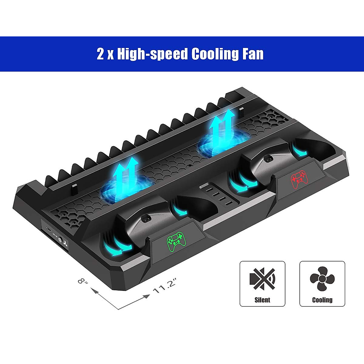 ElecGear Vertical Stand for PS4, Charging Station with Cooling Fan, Charger Dock for DualShock 4 Controller, 16x Games Blu-ray Storage Bracket Accessories Kit for Playstation 4, PS4 Pro, PS4 Slim