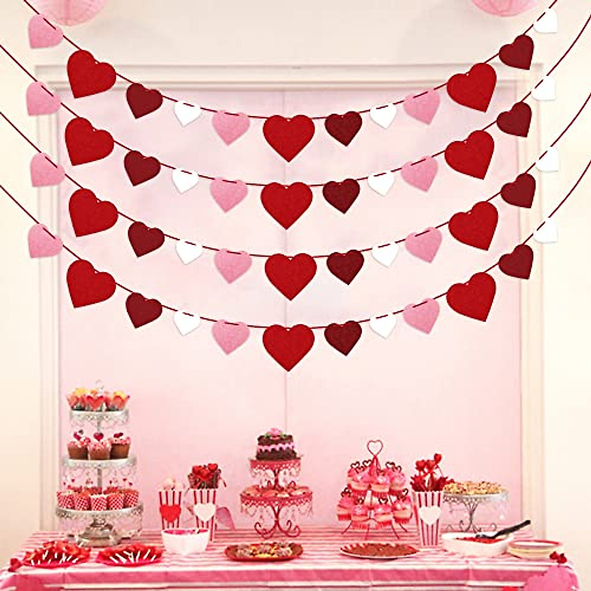 4Pcs Valentines Day Felt Heart Garland Banner- NO DIY- Valentines Decorations- Valentine's Day Party Decorations Supplies- Valentines Burgundy Pink Red White Heart Garlands for Home Fireplace Mantle
