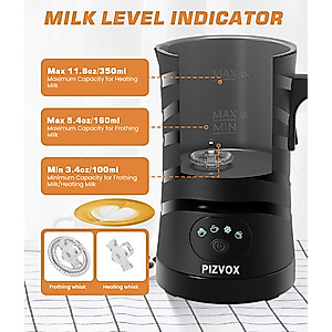 PIZVOX 4-in-1 Electric Milk Frother and Steamer - Versatile & Quiet Foam Maker with Automatic Shut-Off - Perfect for Lattes, Cappuccinos, Macchiato - Large 350ml Capacity for Home Baristas (Black2)