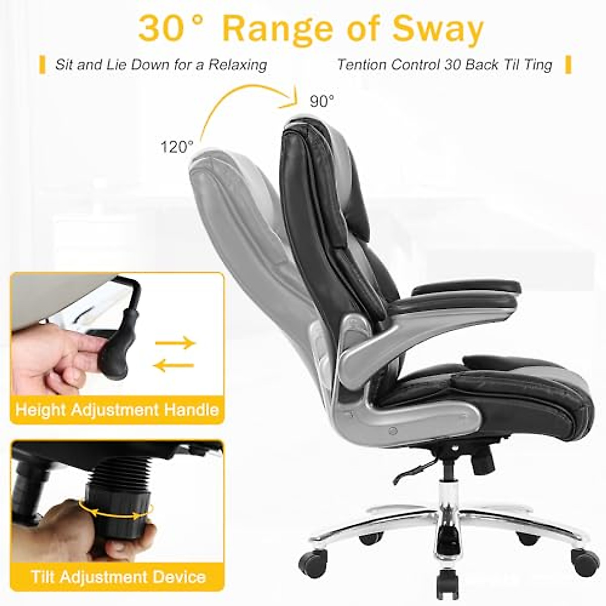 Ergonomic Big and Tall Office Chair Heavy Duty 400lbs Adjustable Rolling Swivel Desk Chair Pu Leather Executive Task Work Chair High Back Tilt Computer Chair w/Flip-up Armrest & Lumbar Support, Black