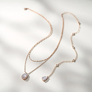 SWEETV Teardrop Wedding Back Necklace for Bride Bridesmaids, Rose Gold Cubic Zirconia Simple Back Pendant Bridal Necklace for Wedding Party