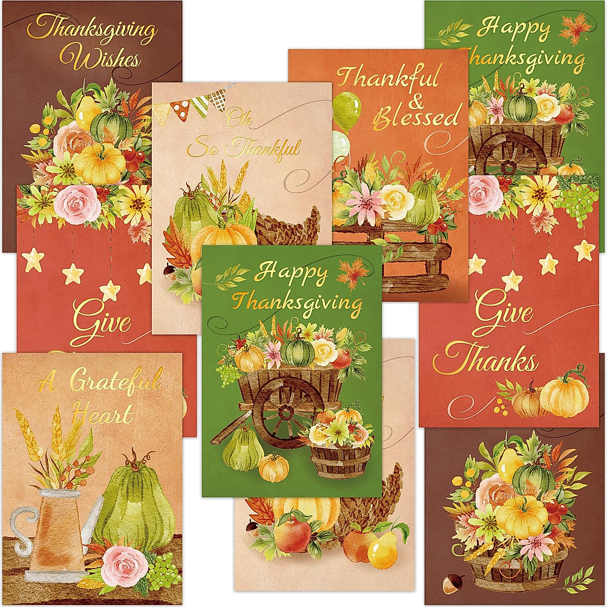 WorldBazaar Gold Foil Thanksgiving Cards with Envelopes 24PCS Happy Harvest Thanks Cards Fall Autumn Thanksgiving Party Supplies