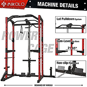 Mikolo Power Cage, Power Rack with LAT Pulldown, 1200 Pounds Capacity Workout Cage with More Training Attachments, Squat Rack for Home Gym, F4-301