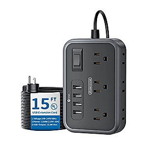Flat Plug Extension Cord 15 Ft, NTONPOWER 6 Widely Spaced Outlet(2 Side) Power Strip with 4 USB Ports, Wall Mount Charging Station, Overload Protection for Home Office, Dorm Room and Nightstand-Black…