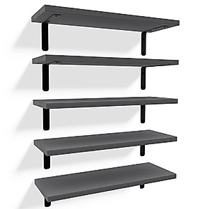 RICHER HOUSE Floating Shelves for Wall Décor, Rustic Wood Wall Shelves for Bedroom Set of 5, Farmhouse Floating Shelf for Bathroom, Hanging Shelves for Storage, Wall Mounted Shelves – Grey