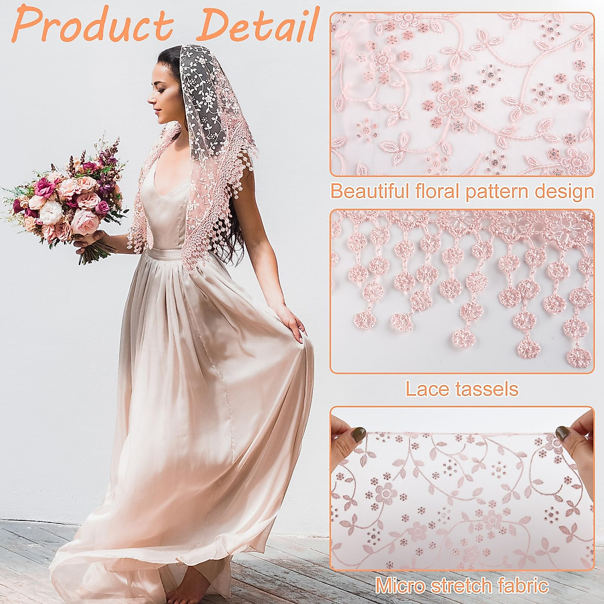 8 Pcs Triangle Lace Mantilla Veil Cathedral Head Covering Church Veil Floral with Tassel Chapel Veil for Women