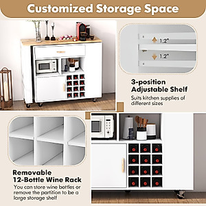 Giantex Mobile Kitchen Island Cart, 4-in-1 Reversible Serving Cart Bar Table Combo, Storage Cart on Wheels w/Rubber Wood Top, Adjustable Shelf, 12-Bottle Wine Rack, Spice Rack for Dining Room, White