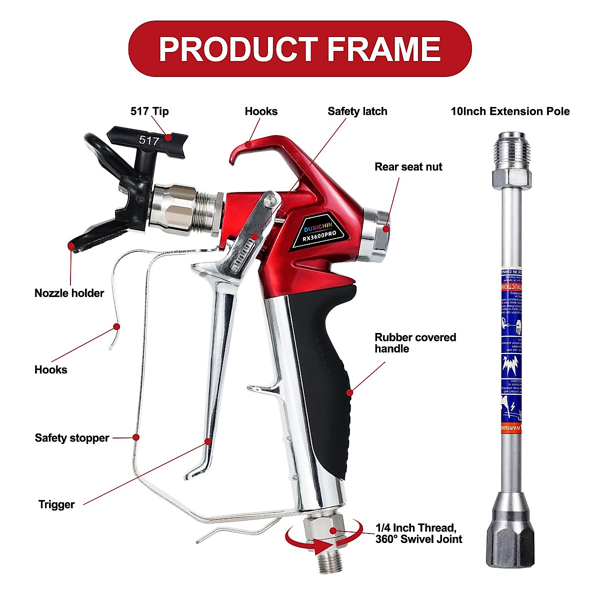 DUSICHIN Airless Paint Primer Spray Gun High Pressure 3600 PSI Reversible 517 Nozzle Tip Guard Swivel Joint with 10 inches Extension Pole for Titan Graco Airless Paint Sprayers Aftermarket DUS3600