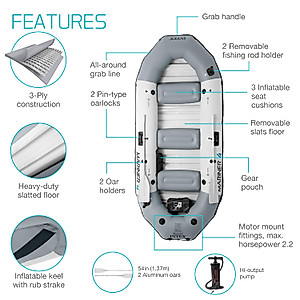 INTEX 68373EP Mariner 3 Inflatable Boat Set: Includes Deluxe 54in Boat Oars and High-Output Pump – Wear-Resistant Keel – Removable Fishing Rod Holders – 3-Person – 880lb Weight Capacity