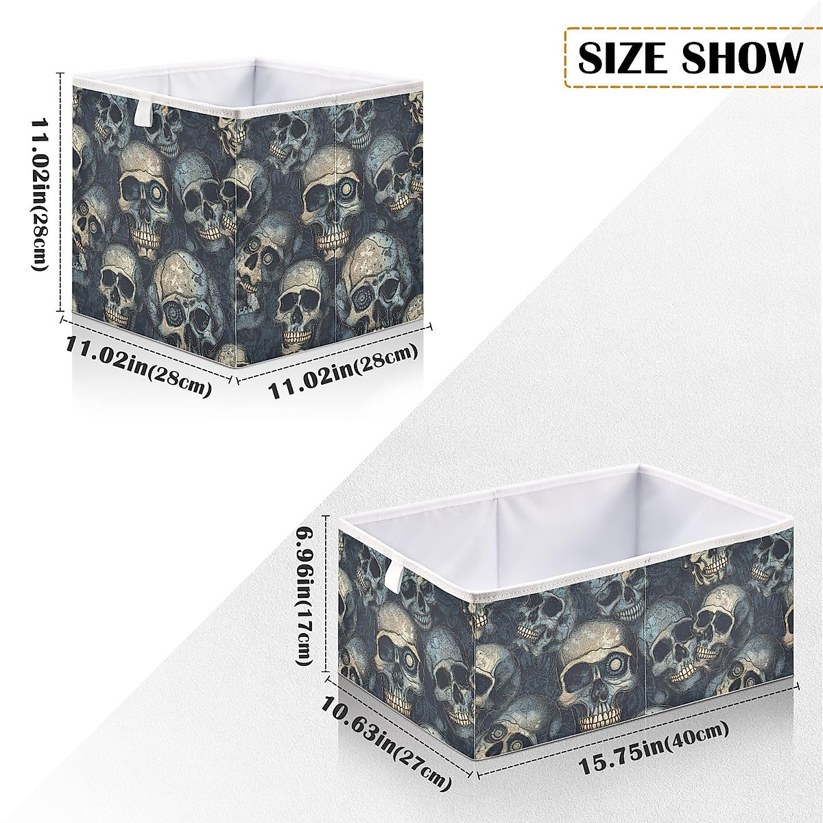 Vnurnrn Fabric Cube Collapsible Storage Cube Gothic Skulls Print, Storage Bins with Support Board, Foldable Basket for Shelf Closet Cabinet 15.75×10.63×6.96 in