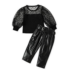 Fommy Toddler Girl Clothes, 5-6T Girls Clothes Mesh Puff Long Sleeve Top + PU Leather Pants 2Pcs Girls Outfit Set