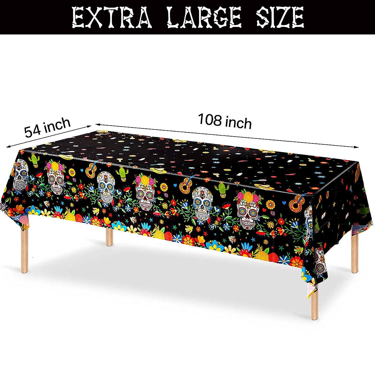 3 Pieces Day of The Dead Plastic Tablecloth Dia De Los Muertos Sugar Skull Floral Table Cloth Disposable Rectangle Table Cover for Halloween Mexican Fiesta Birthday Coco Party Supplies, 54 x 108 Inch