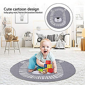 Cartoon Round Animal Pattern Play Rugs Soft Cotton Baby Toddler Play Mat Crawling Blanket for Baby Girl Boy Bedroom Decor (Gray Lion)