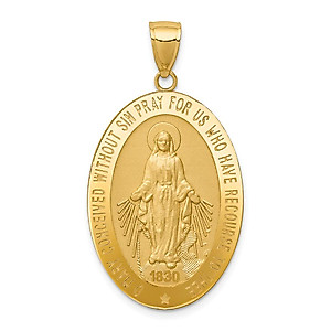 Solid 14k Yellow Gold Virgin Mary Pray for Us Charm Miracle MedalPendant Charm - 41mm x 21mm
