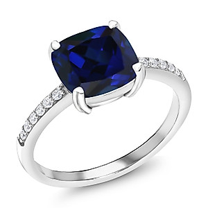 Gem Stone King 925 Sterling Silver Blue Created Sapphire Engagement Ring For Women (2.62 Cttw, Cushion Cut 8MM, Available in size 5, 6, 7, 8, 9)