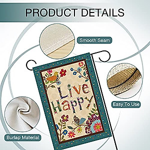 Hzppyz Live Happy Decorative Small Garden Flag Flower Bird, Spring Summer Inspirational Quote House Yard Outdoor Butterfly Floral Decor Double Sided, Fall Positive Farmhouse Outside Decoration 12 x 18