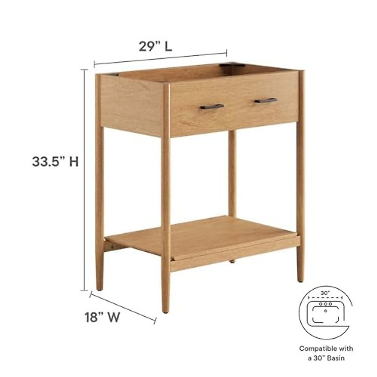 Modway Zaire 30” Mid-Century Bathroom Vanity Cabinet Washstand in Natural, (Sink Basin Not Included), 30 Inches