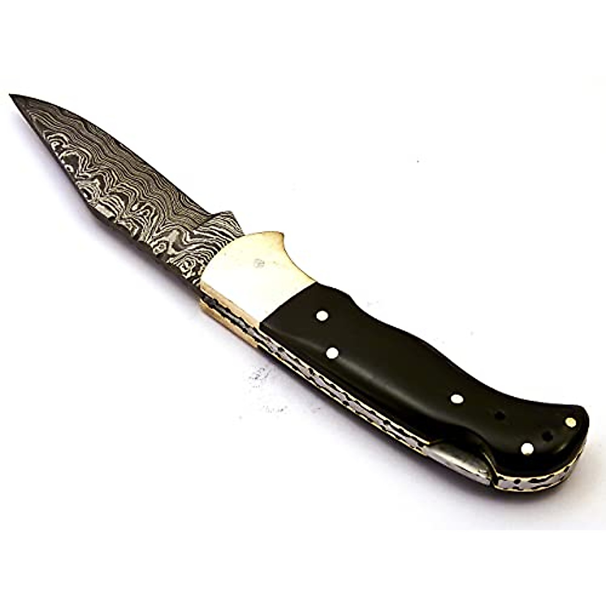 Skokie Knives Custom Hand Made Damascus Steel Hunting Folding Knife Handle Bull Horn