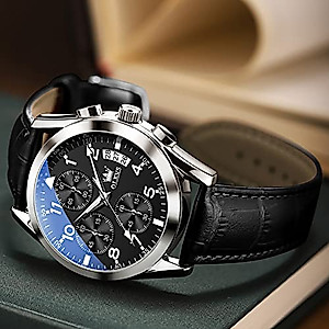 Men's Watches Black Face Silver Bezel Quartz Chronograph Watch for Men Arabic Number Luxury Mens Faux-Leather Bracelet Watches Multi-Function Easy Wear Classic Men Gifts for Him Watch Reloj De Hombre