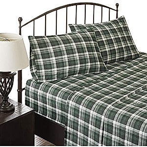 Woolrich Flannel 100% Cotton Sheet Set Warm Soft Bed Sheets with 14" Elastic Pocket, Cabin Lifestyle, Cold Season Cozy Bedding Set, Matching Pillow Case, Queen, Green Plaid, 4 Piece