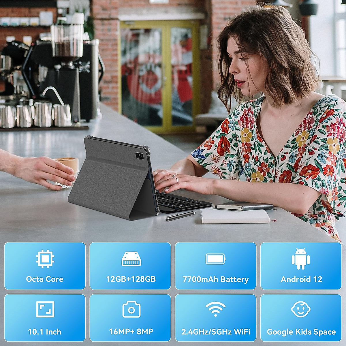 Headwolf Android 12 Tablet 2 in 1 10 Inch Tablet with Keyboard, 12GB+128GB Octa Core Android Tablet with Case Mouse Stylus, 7700mAh Battery, 16MP Camera, WiFi, Bluetooth 5.0, GPS (Blue)