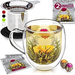 Teabloom Double-Wall Borosilicate Glass Mug with Stainless Steel Infuser and Lid – 15 OZ / 430 ML – 2 Gourmet Tea Flowers Included